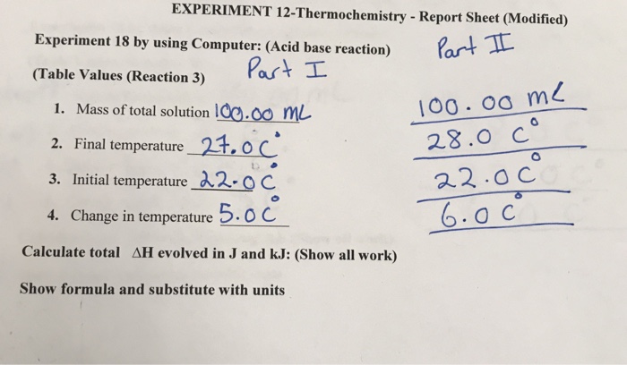 EXPERIMENT 12-Thermochemistry - Report Sheet | Chegg.com