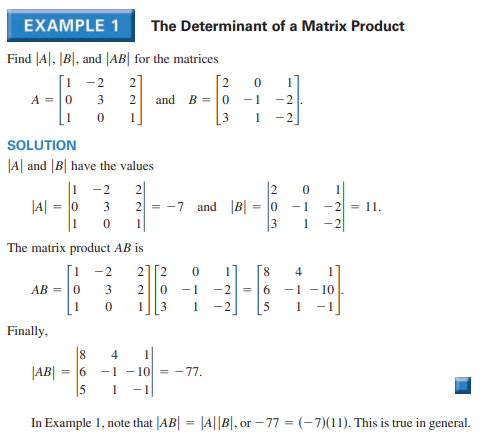 Solved A = 10 EXAMPLE 1 The Determinant of a Matrix Product | Chegg.com