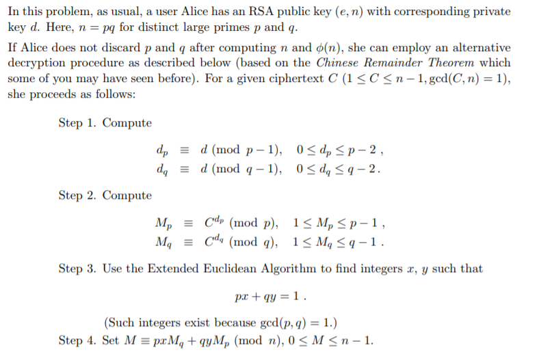 Solved In this problem, as usual, a user Alice has an RSA | Chegg.com