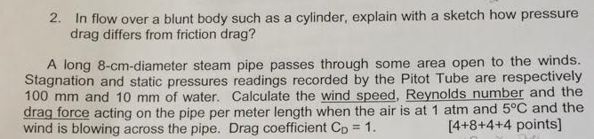 Solved 2. In flow over a blunt body such as a cylinder, | Chegg.com