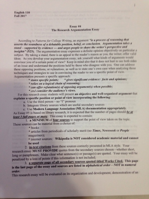 English 110 Fall 2017 Essay #4 The Research | Chegg.com