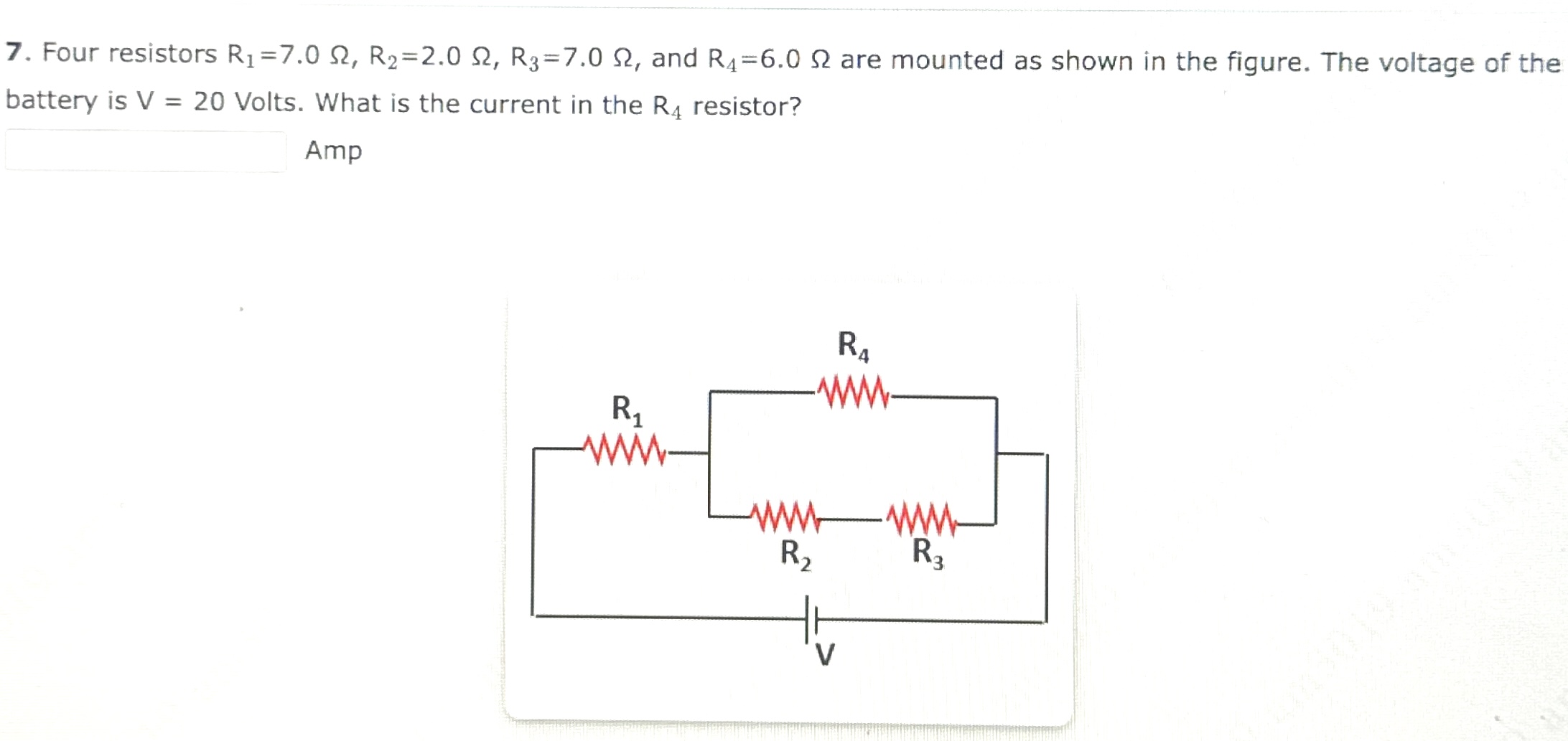 Solved 7. Four resistors R1=7.0Ω,R2=2.0Ω,R3=7.0Ω, and | Chegg.com