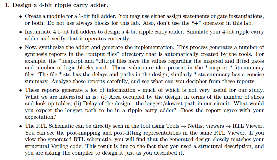 Solved 1. Design a 4-bit ripple carry adder. » Create a | Chegg.com