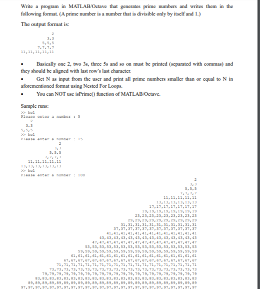 Solved Write A Program In Matlaboctave That Generates Prime 4444