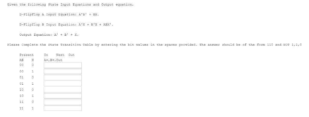 Given the following State Input Equations and Output | Chegg.com