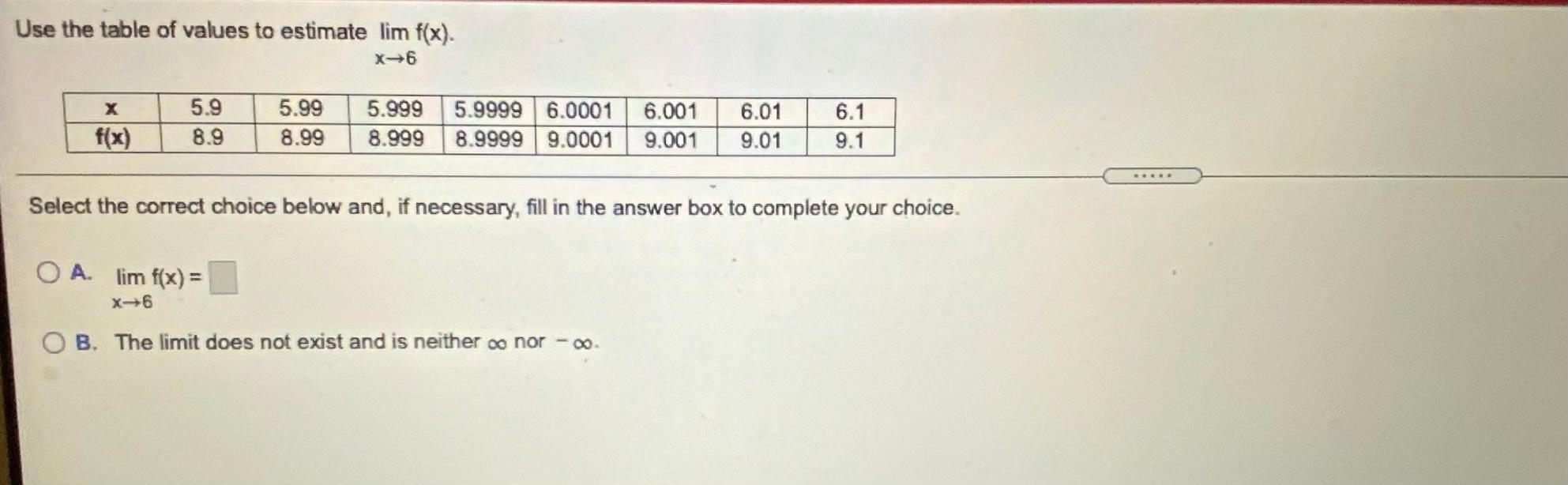 Solved Use the table of values to estimate lim f(x). X-6 X | Chegg.com