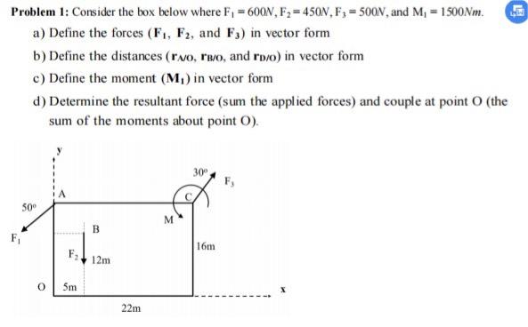 Solved Problem 1: Consider the box below where F1=600 N, | Chegg.com