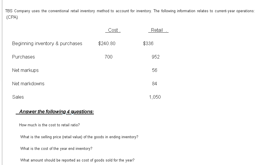 Solved TBS Company uses the conventional retail inventory | Chegg.com