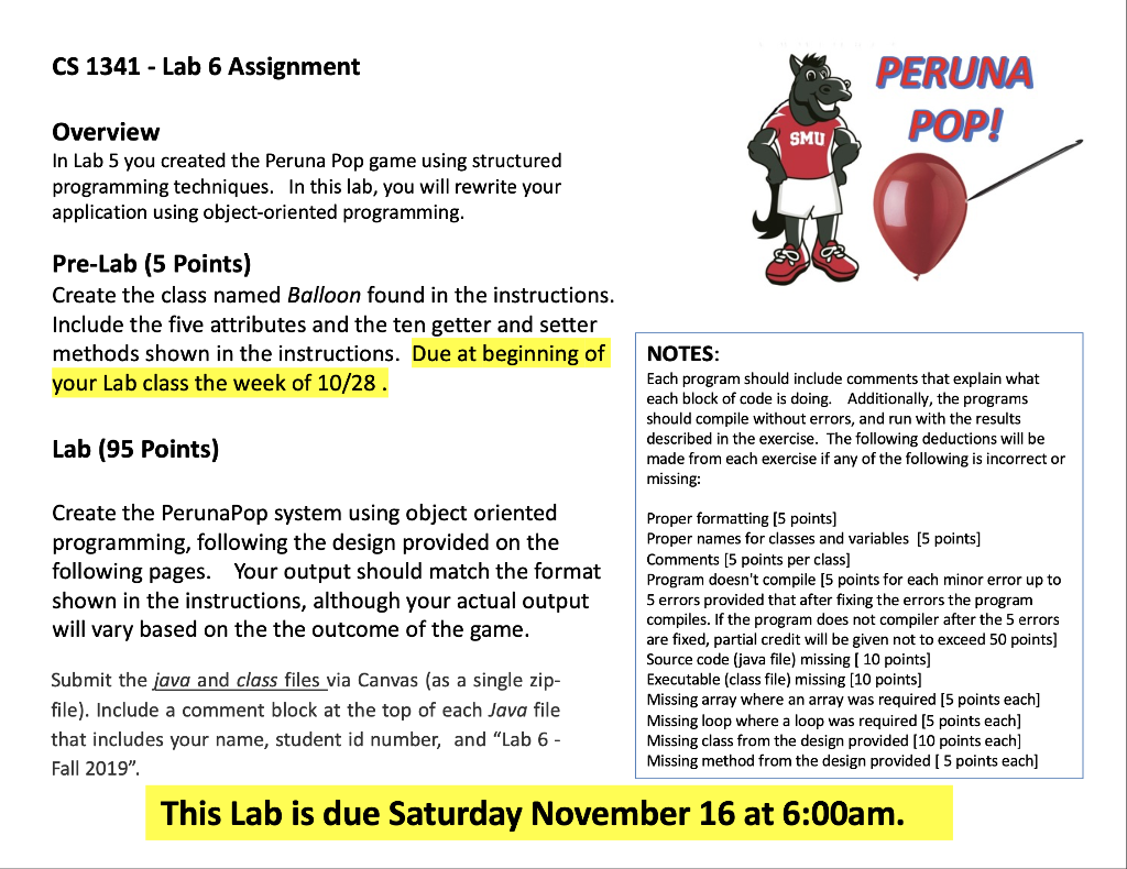 CS 1341 - Lab 6 Assignment PERUNA POP! SMU Overview | Chegg.com