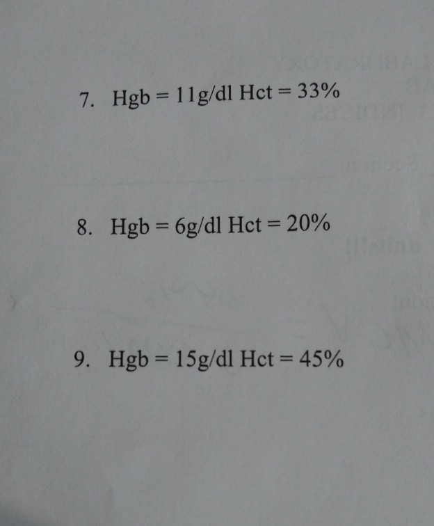 Solved 7. Hgb = 11g/dl Hct = 33% 8. Hgb = 6g/dl Het = 20% 9. | Chegg.com