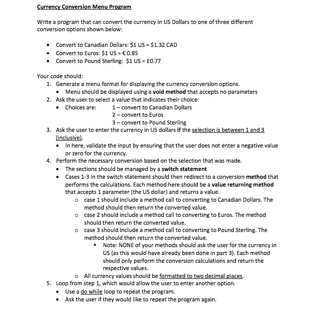 Solved Currency Conversion Menu Program Write a program that | Chegg.com