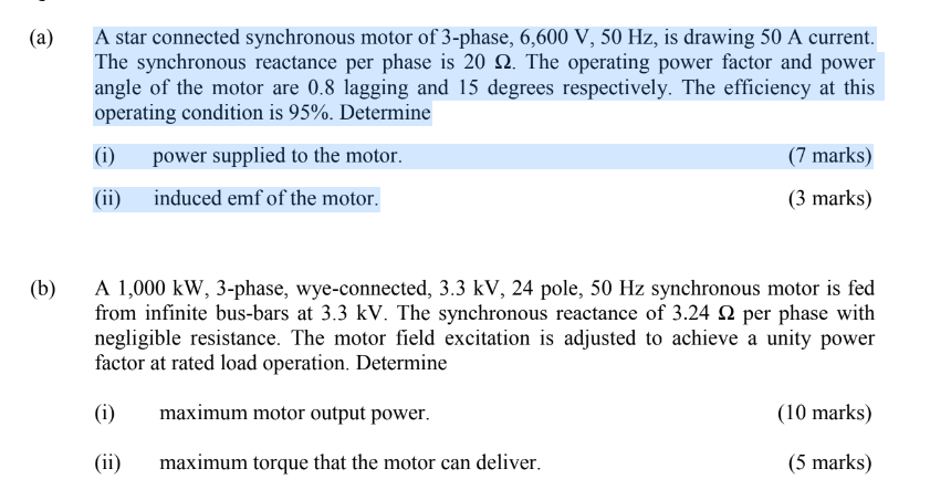 Solved A star connected synchronous motor of 3-phase, 6,600 | Chegg.com