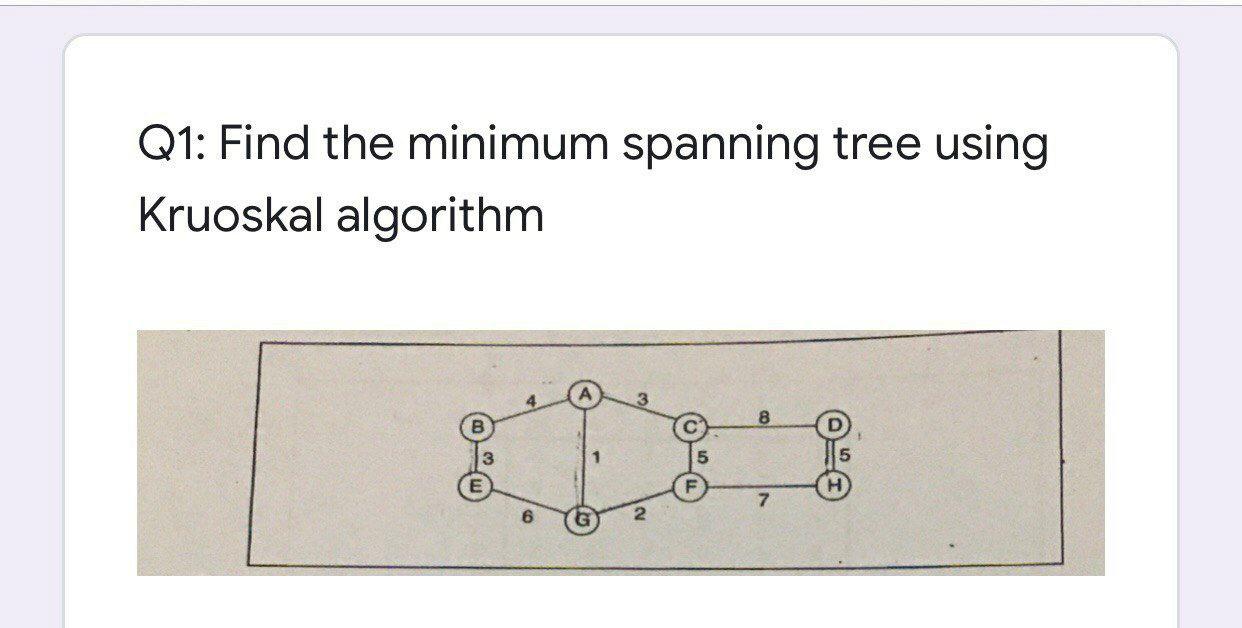 Solved Q1: Find the minimum spanning tree using Kruoskal | Chegg.com