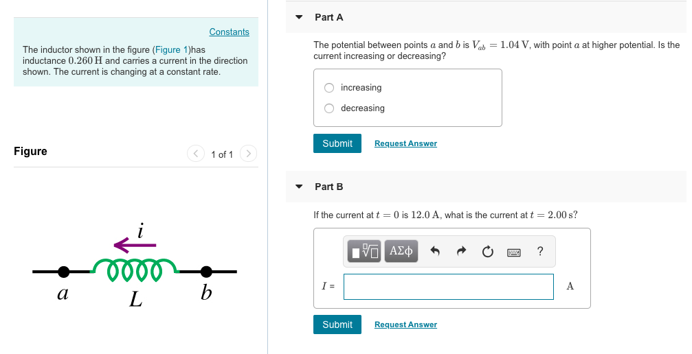 Solved PartA Constants The inductor shown in the figure | Chegg.com
