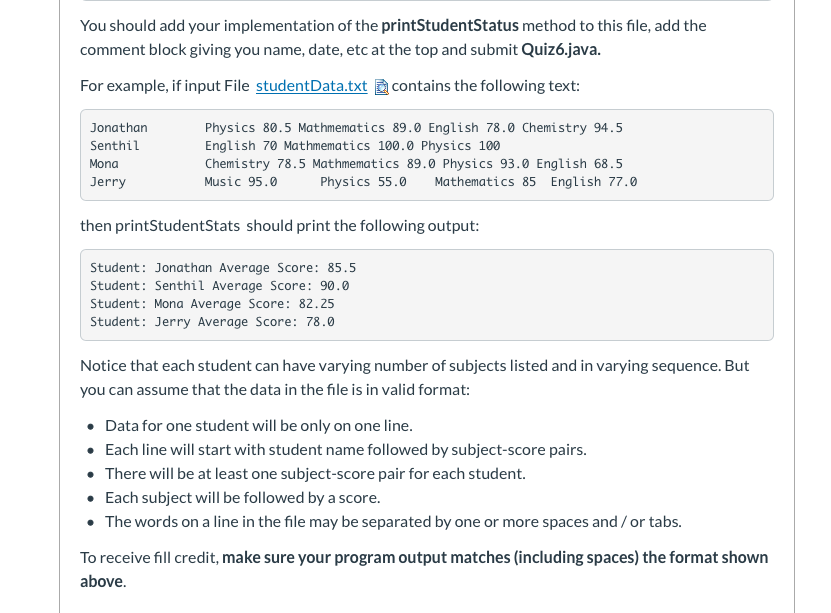 Solved Download Quiz6.java and add implementation of a | Chegg.com
