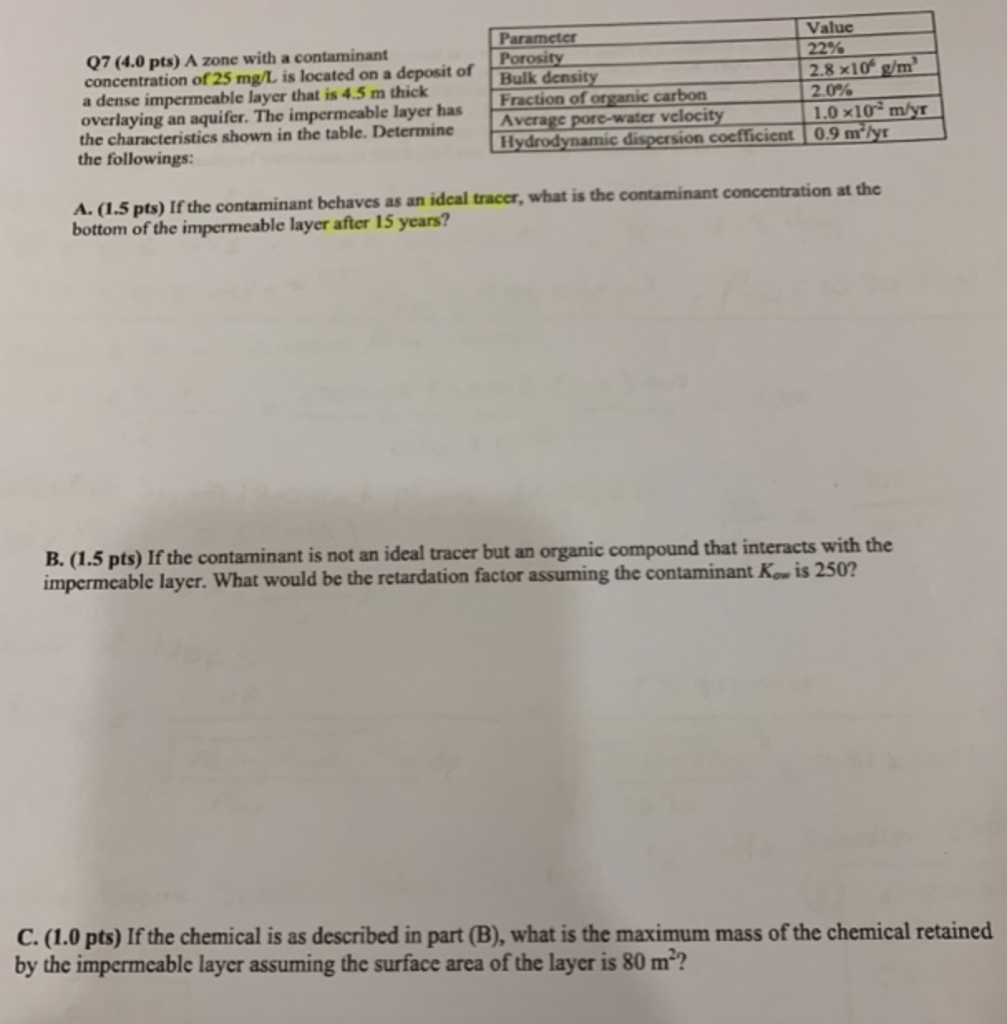 Q7 (4.0 pts) A zone with a contaminant concentration | Chegg.com