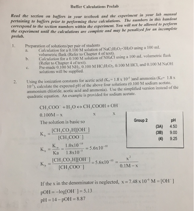 Solved Buffer Calculations Prelab Read The Section On 