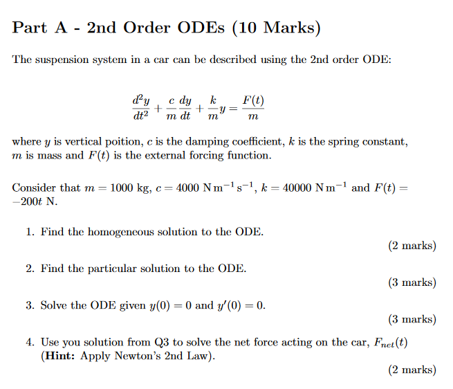 Solved Part A - 2nd Order ODEs (10 Marks) The suspension | Chegg.com