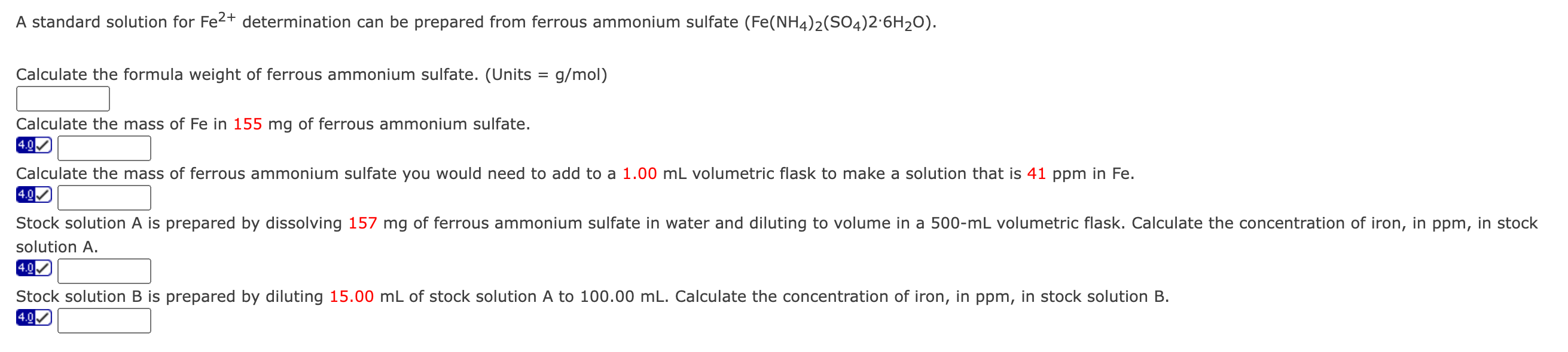 Solved A standard solution for Fe2+ determination can be | Chegg.com