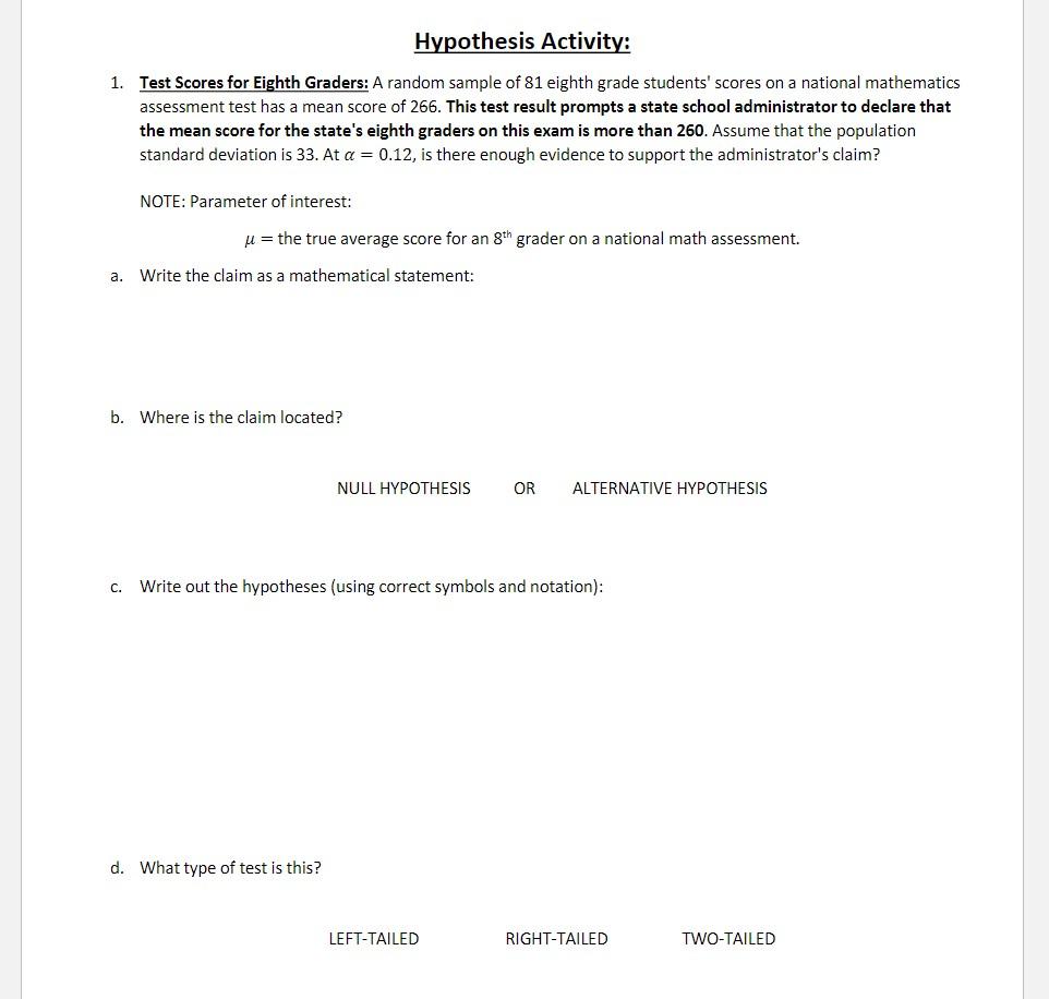 Solved 1. Test Scores for Eighth Graders: A random sample of | Chegg.com