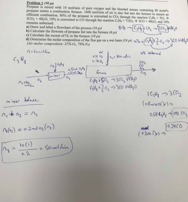 Solved 1 (50 pt) Propane is mixed with 10 mio!/min of pure | Chegg.com