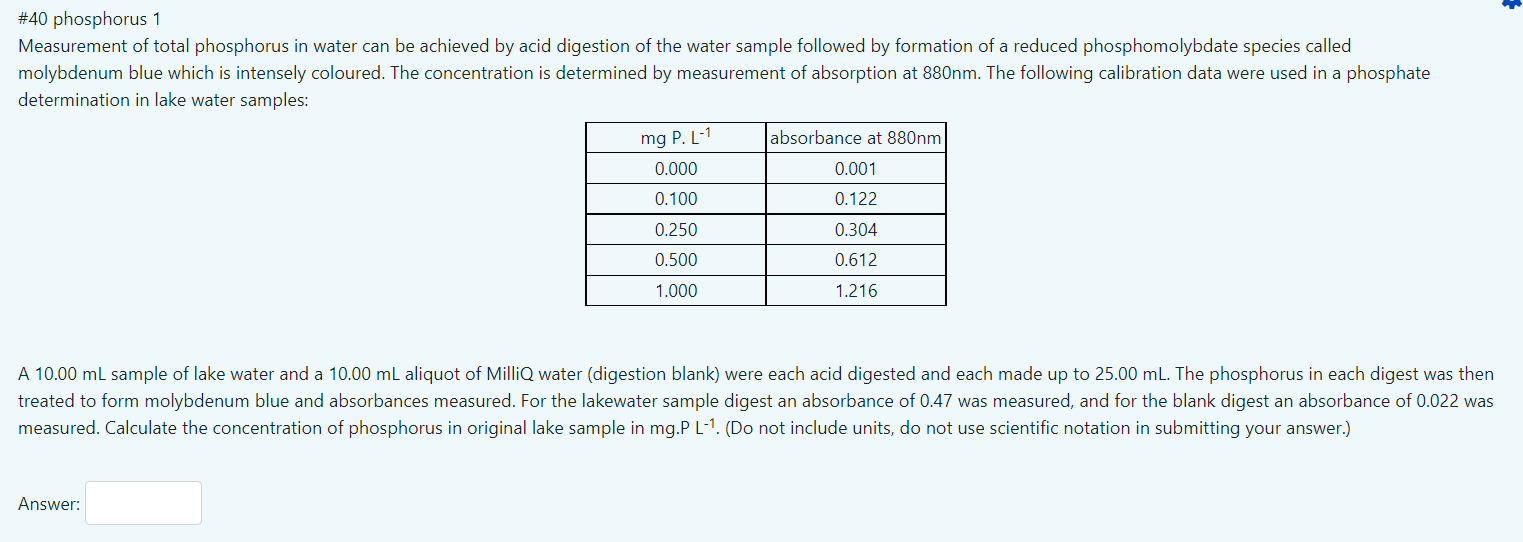 Solved #40 phosphorus 1 Measurement of total phosphorus in | Chegg.com