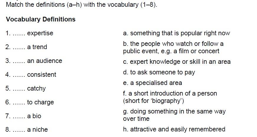 Solved Match the definitions (a-h) with the vocabulary | Chegg.com