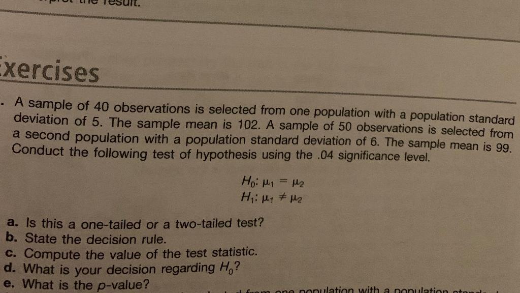 Solved A sample of 40 observations is selected from one | Chegg.com