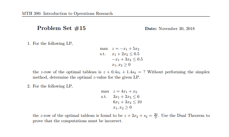 Solved MTH 390: Introduction to Operations Research Problem | Chegg.com