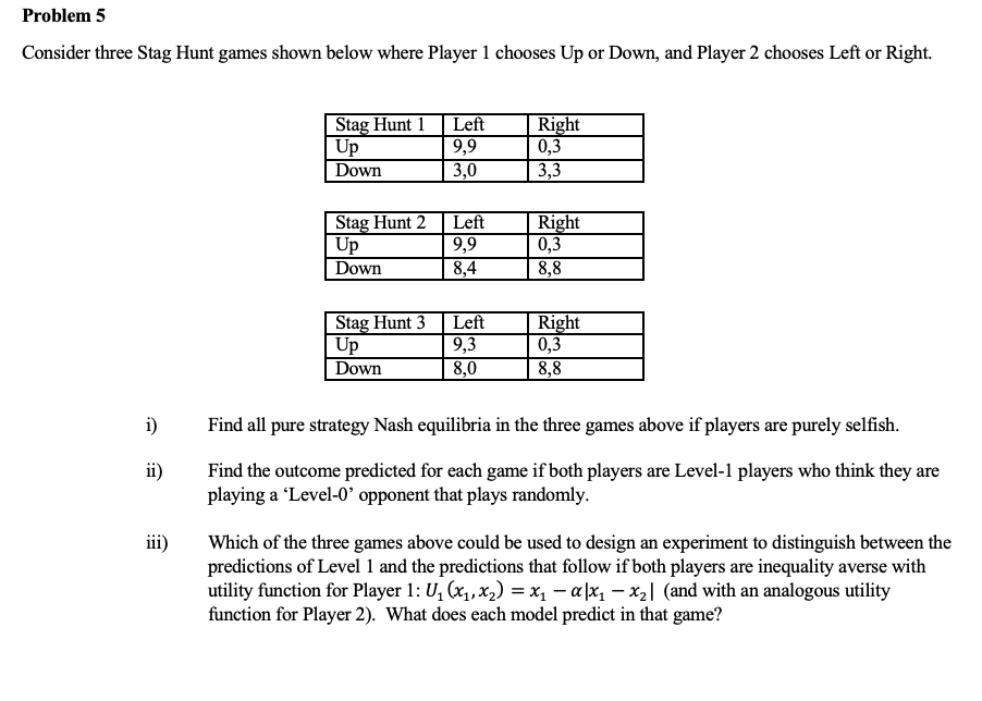 Solved Problem 5Consider three Stag Hunt games shown below | Chegg.com