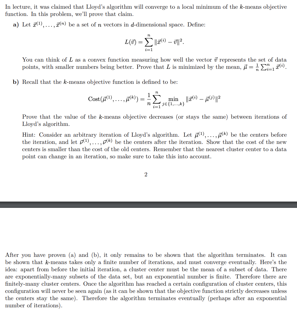In lecture, it was claimed that Lloyd's algorithm | Chegg.com