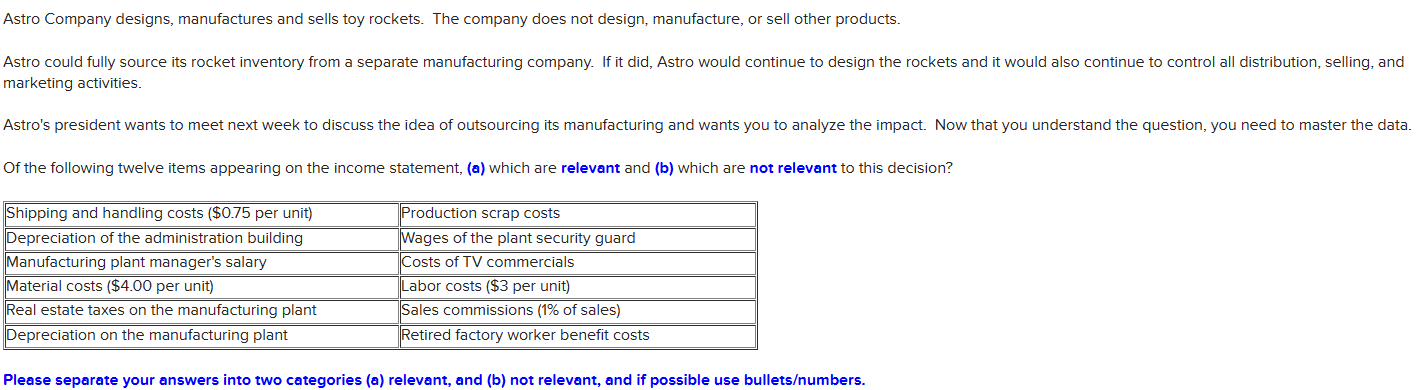Solved Astro Company designs, manufactures and sells toy | Chegg.com
