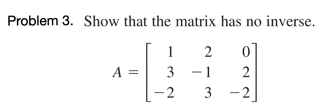 Solved Problem 3. Show that the matrix has no inverse. | Chegg.com
