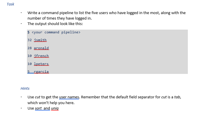 Solved - Write a command pipeline to list the five users who | Chegg.com