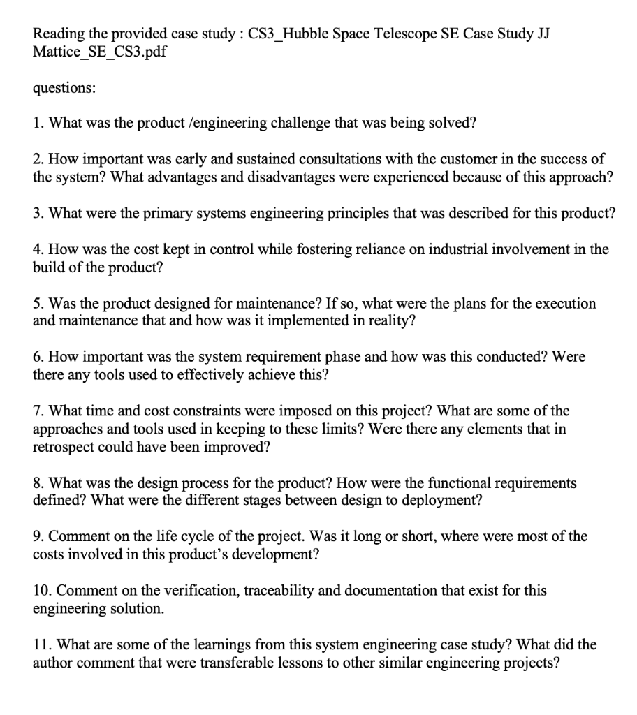 Solved Reading the provided case study : CS3_Hubble Space | Chegg.com