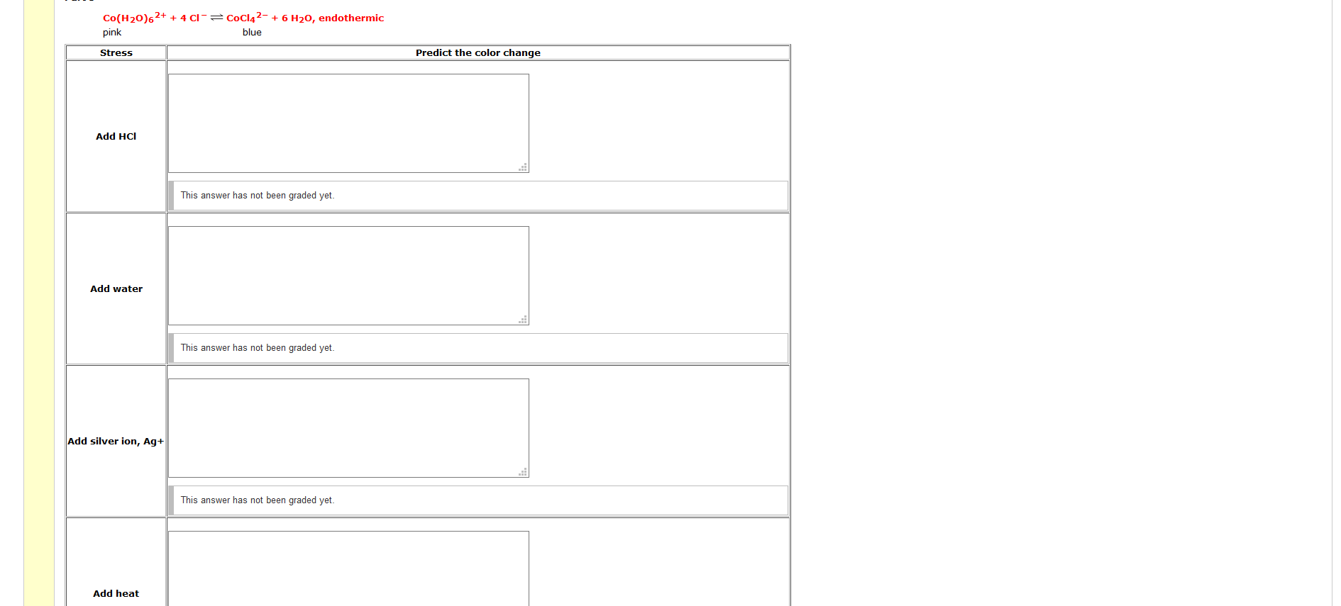 Solved CO(H20)62+ + 4- = CoCl42- + 6H20, endothermic pink | Chegg.com