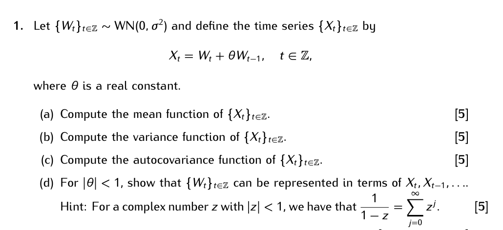 1. Let {Wt}t∈Z∼WN(0,σ2) and define the time series | Chegg.com