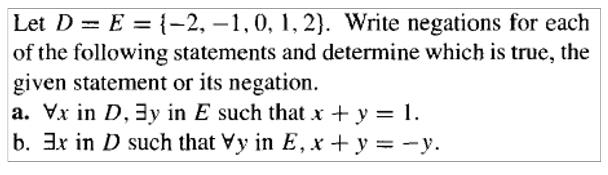 Solved Let D = E = {-2, -1,0,1,2). Write negations for each | Chegg.com