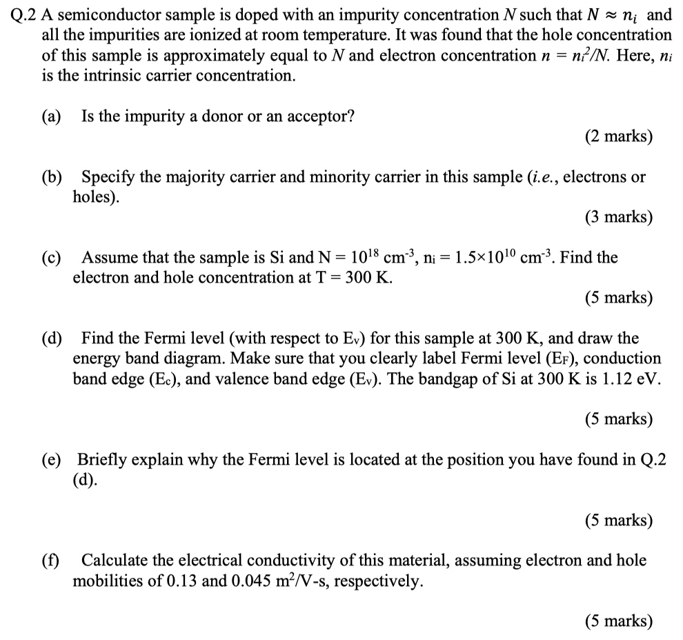 Solved Q.2 A semiconductor sample is doped with an impurity | Chegg.com