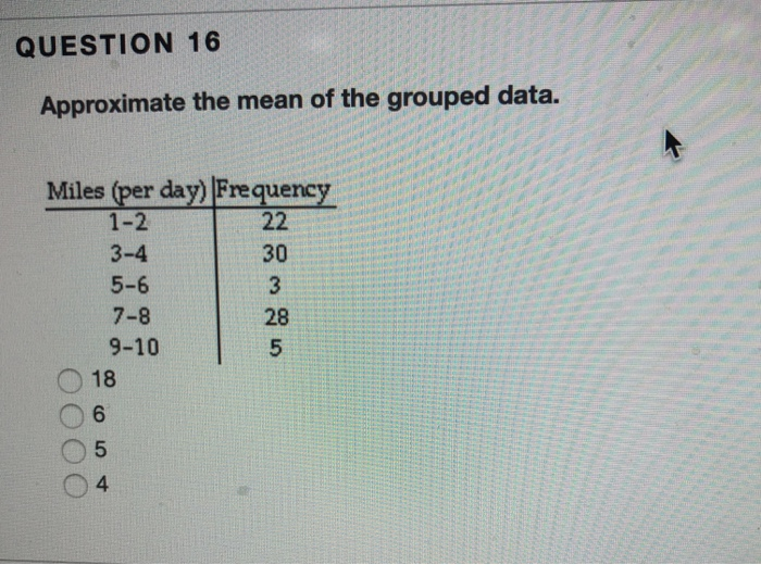 Solved QUESTION 16 Approximate the mean of the grouped data. | Chegg.com