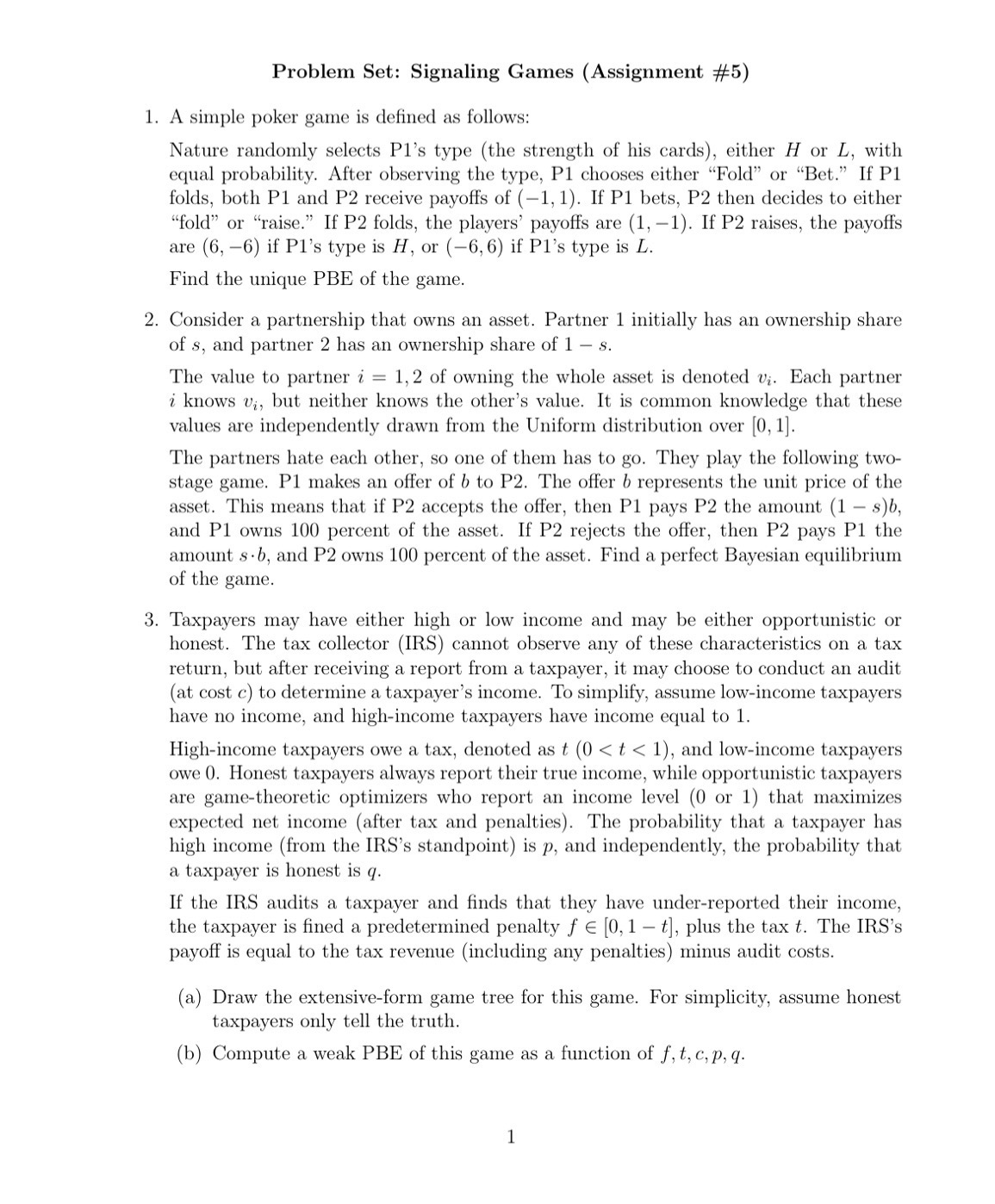 Solved Problem Set: Signaling Games (Assignment #5)A simple | Chegg.com