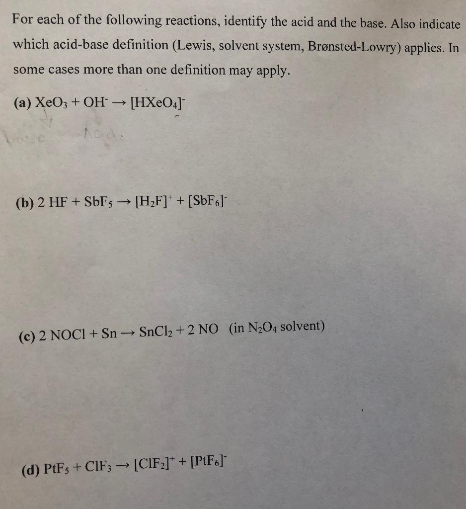 Solved For each of the following reactions, identify the | Chegg.com