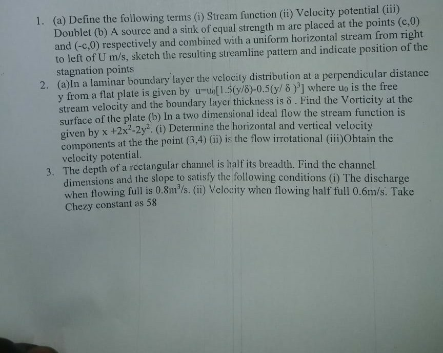Solved 1. (a) Define the following terms (i) Stream function | Chegg.com