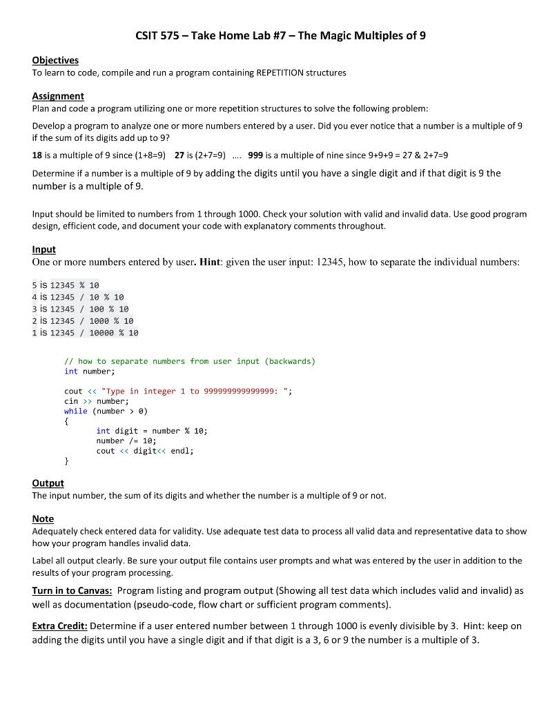 Solved CSIT 575 - Take Home Lab #7 - The Magic Multiples of | Chegg.com