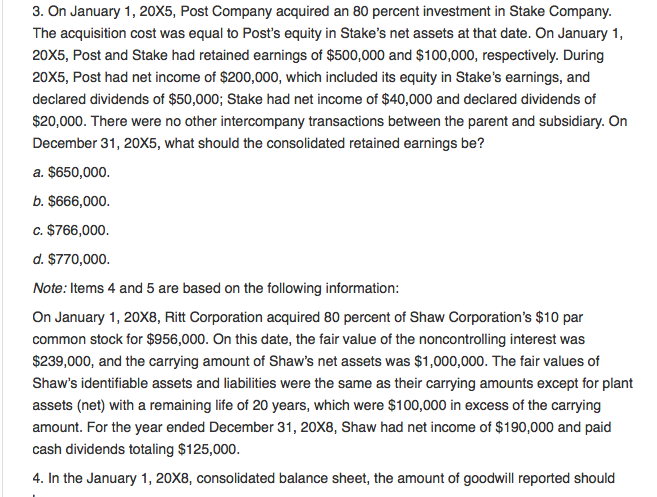 Solved 3. On January 1, 20X5, Post Company acquired an 80 | Chegg.com