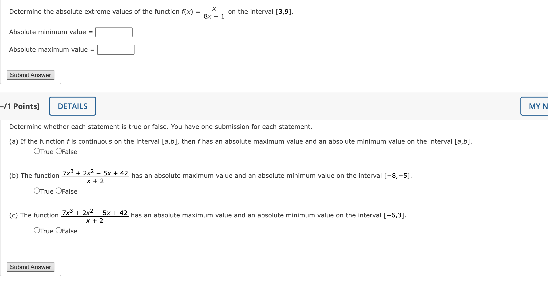 Solved Determine the absolute extreme values of the function | Chegg.com