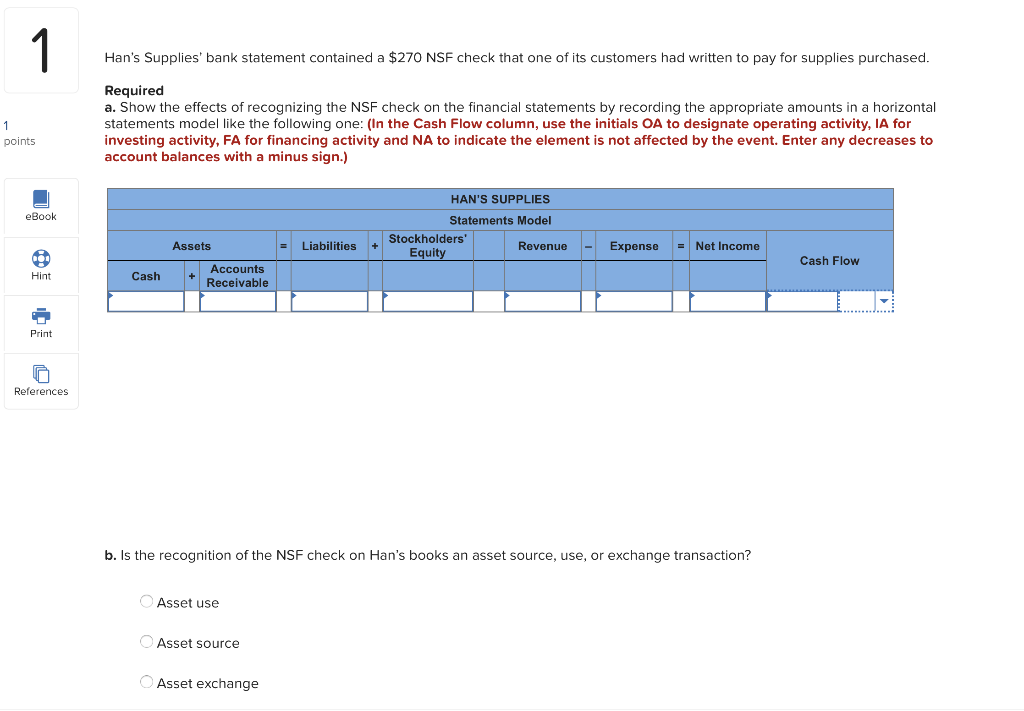 Solved Han's Supplies' bank statement contained a $270 NSF | Chegg.com