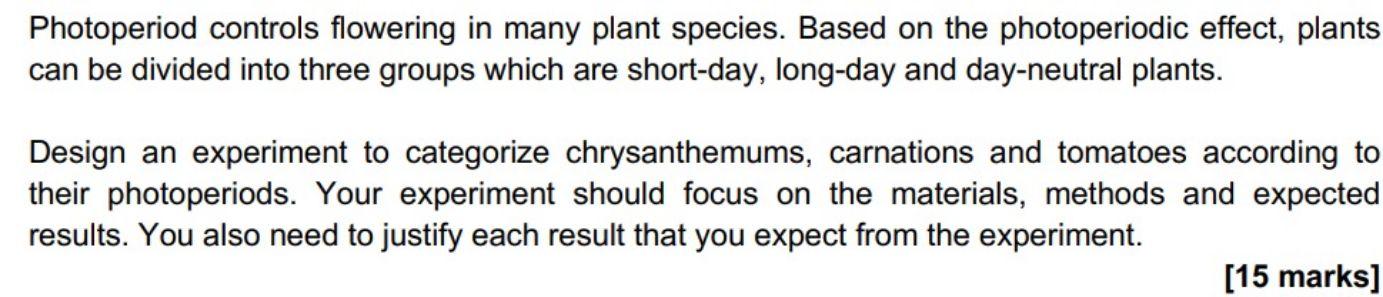 Solved Photoperiod controls flowering in many plant species. | Chegg.com