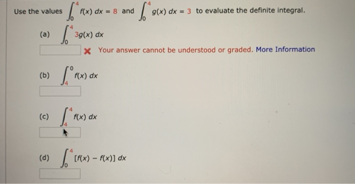 Solved Use the values f(x) dx = 8 and g(x) dx-3 to evaluate | Chegg.com