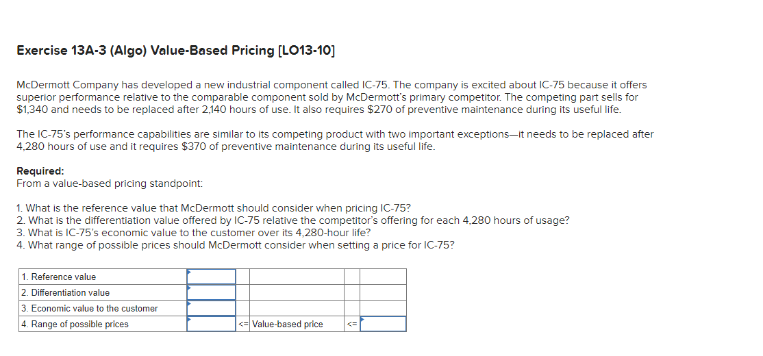 Solved Exercise 13A-3 (Algo) Value-Based Pricing [LO13-10] | Chegg.com